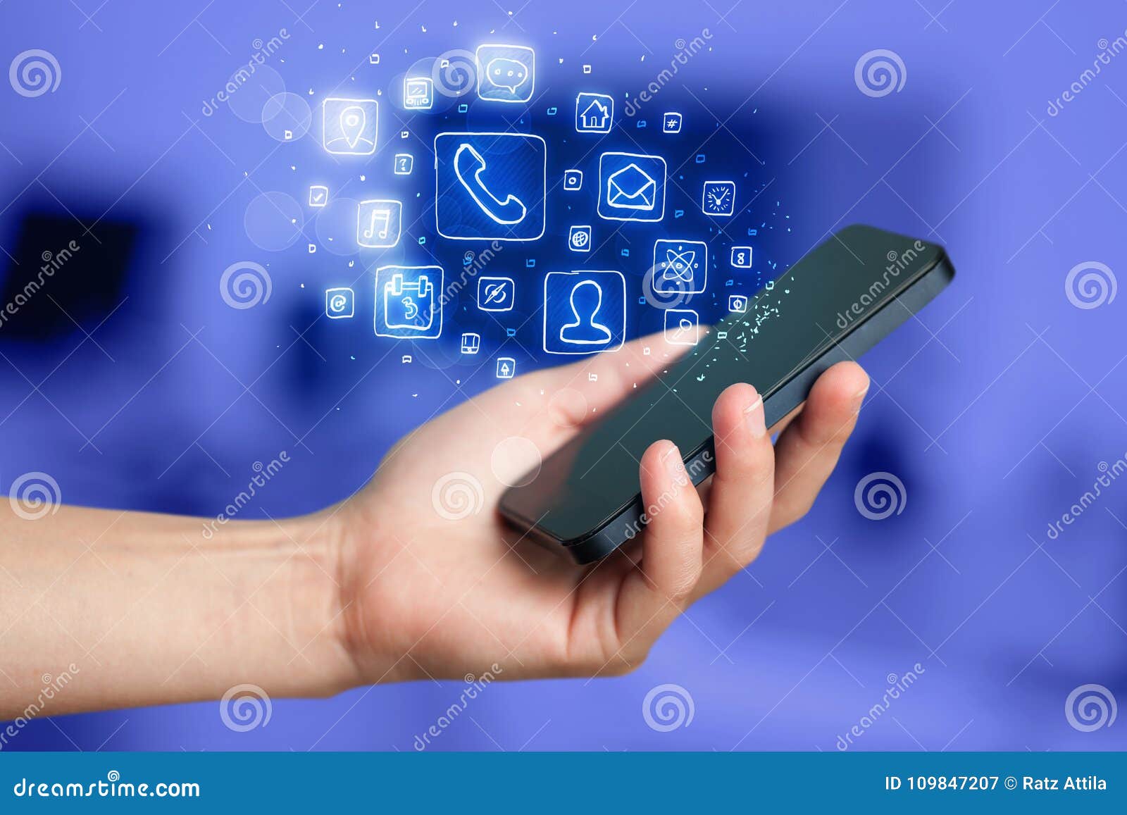Hand Holding Smartphone with Mobile App Icons Stock Image - Image of ...
