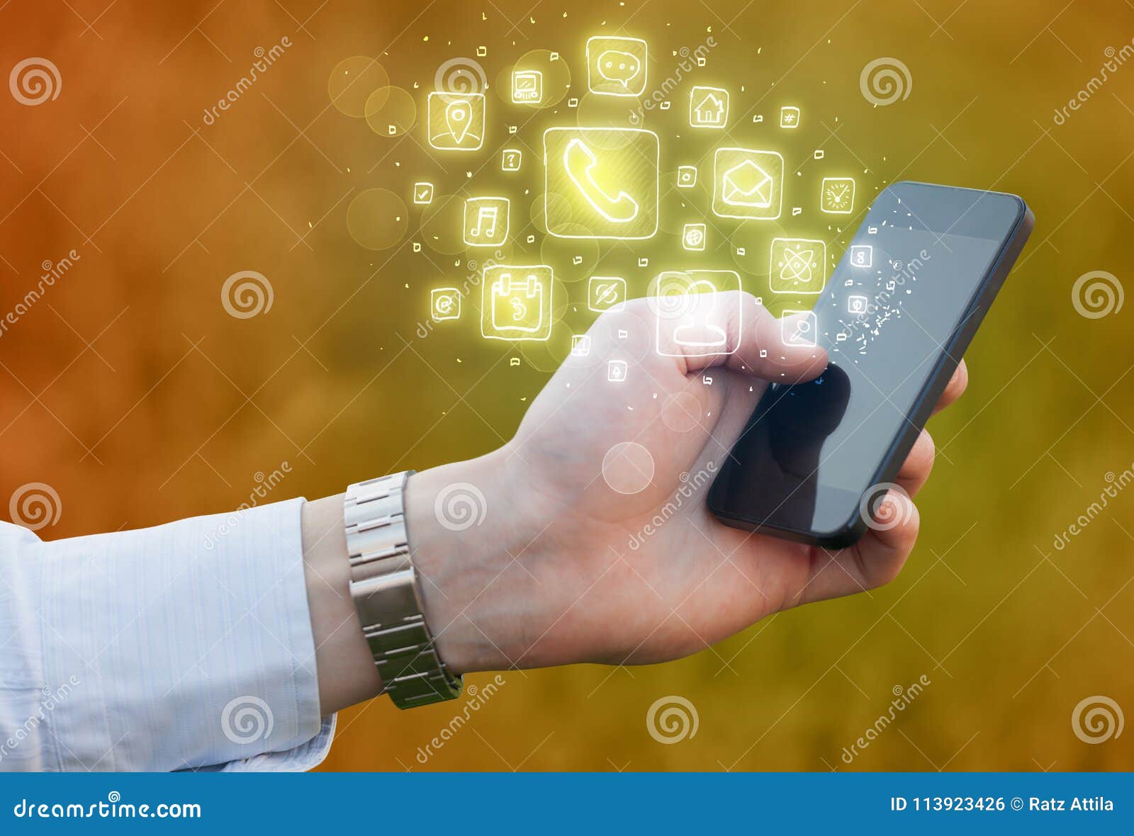 Hand Holding Smartphone with Mobile App Icons Stock Photo - Image of ...