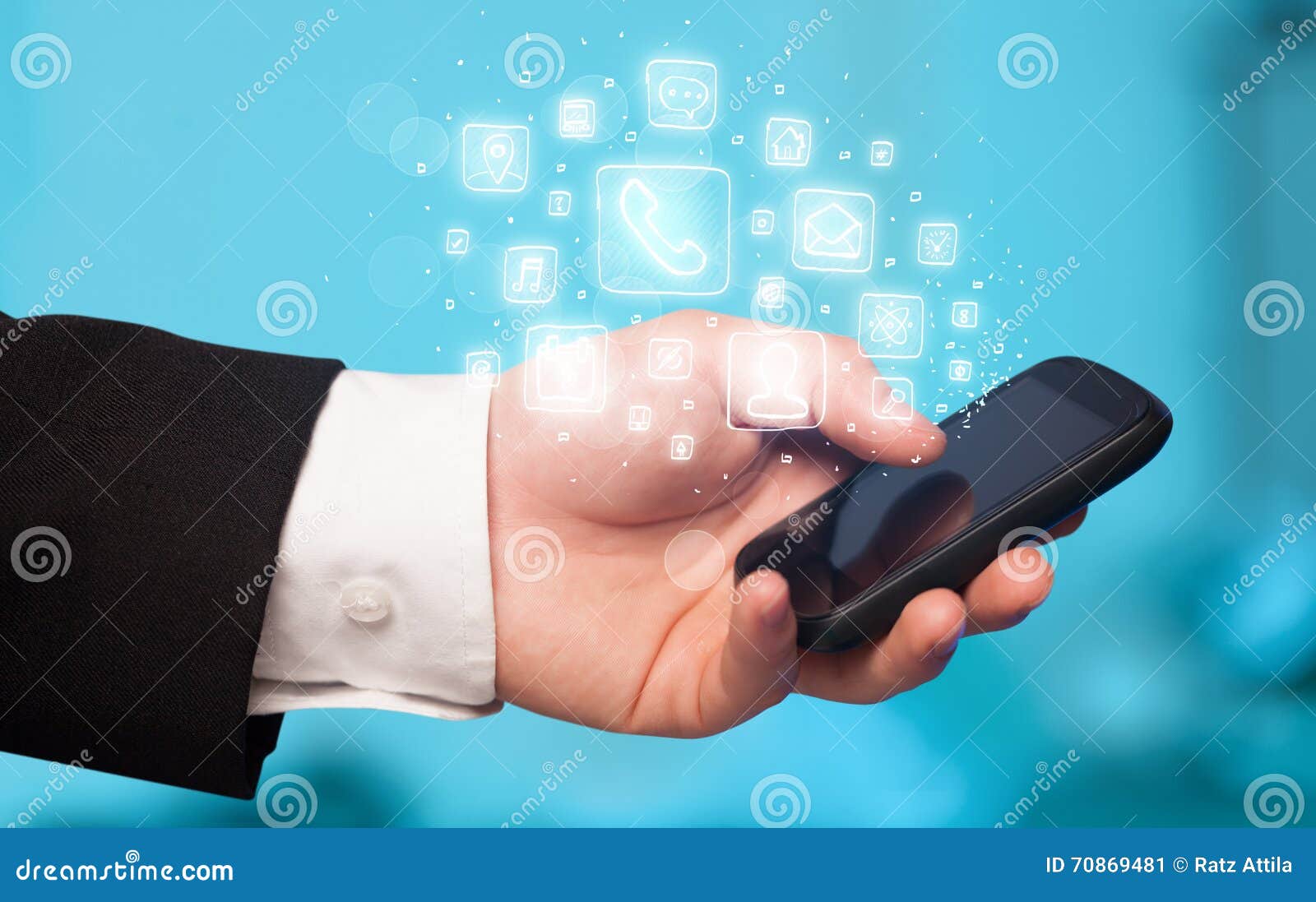 Hand Holding Smartphone with Mobile App Icons Stock Image - Image of ...