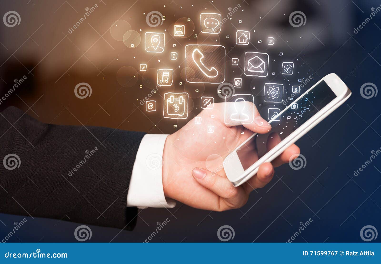 Hand Holding Smartphone with Mobile App Icons Stock Image - Image of ...