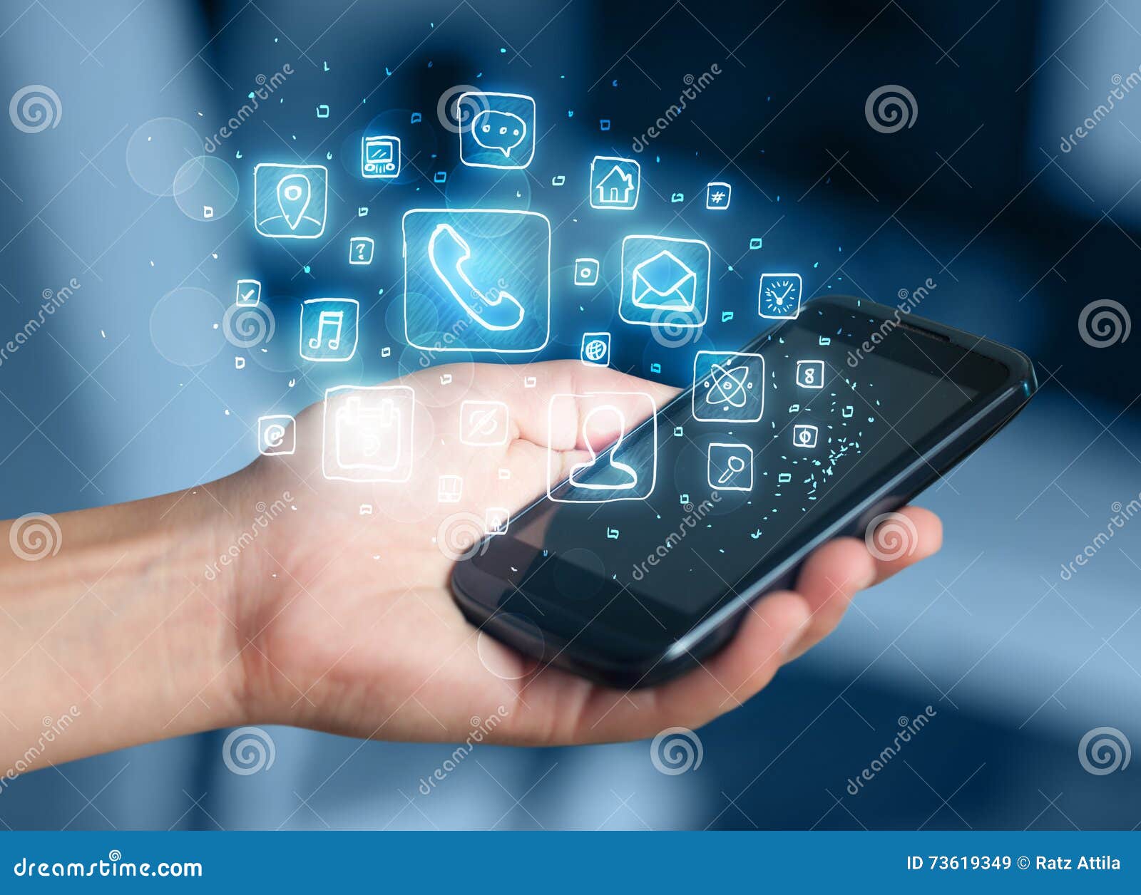 Hand Holding Smartphone with Mobile App Icons Stock Image - Image of ...
