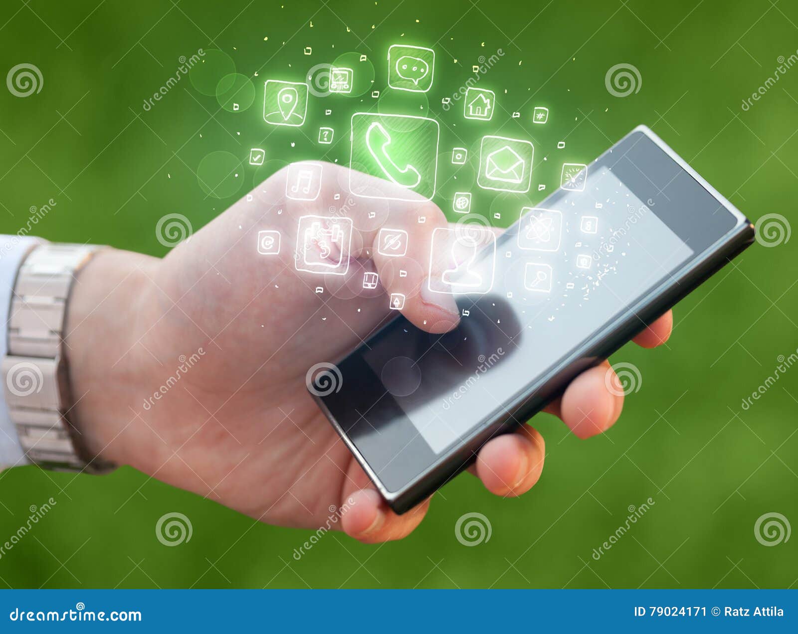 Hand Holding Smartphone with Mobile App Icons Stock Image - Image of ...