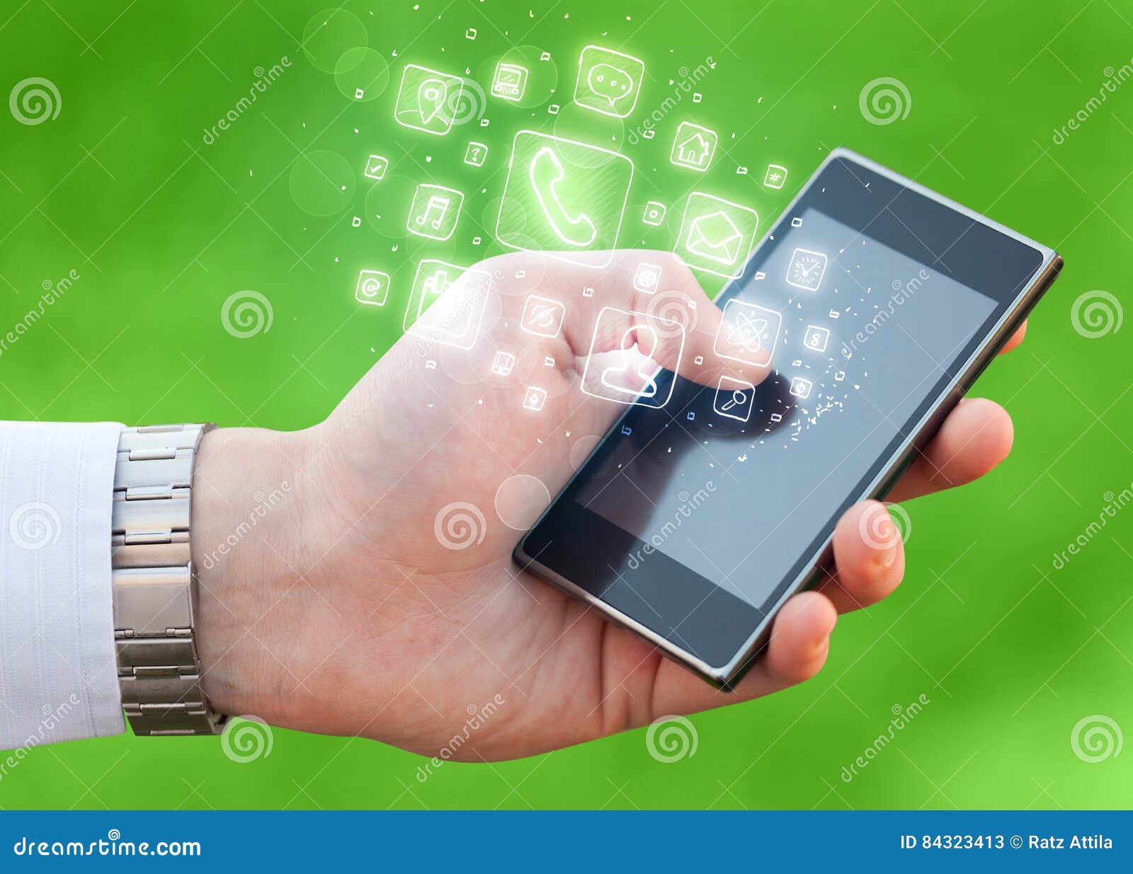 Hand Holding Smartphone with Mobile App Icons Stock Image - Image of ...