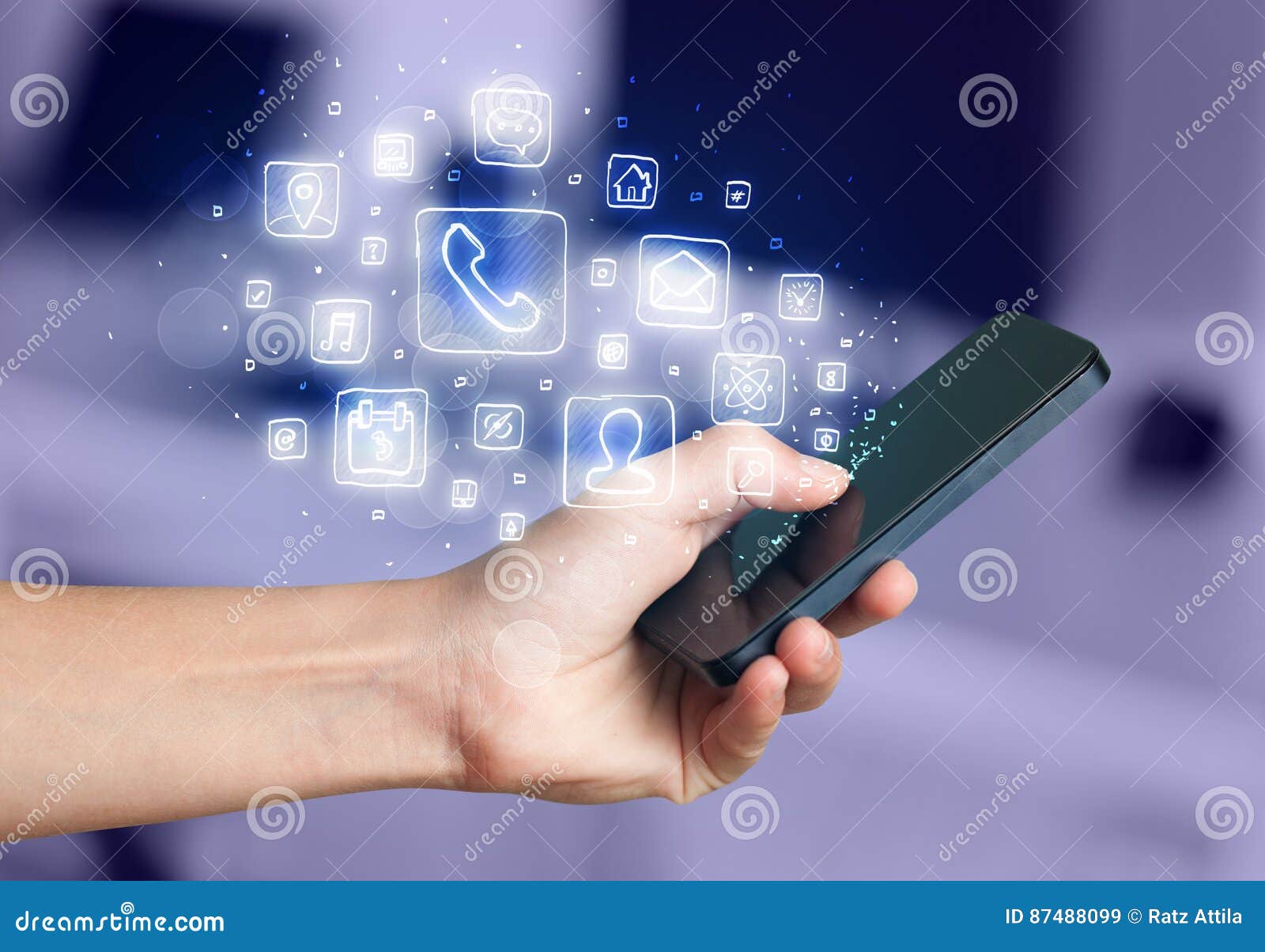 Hand Holding Smartphone with Mobile App Icons Stock Image - Image of ...