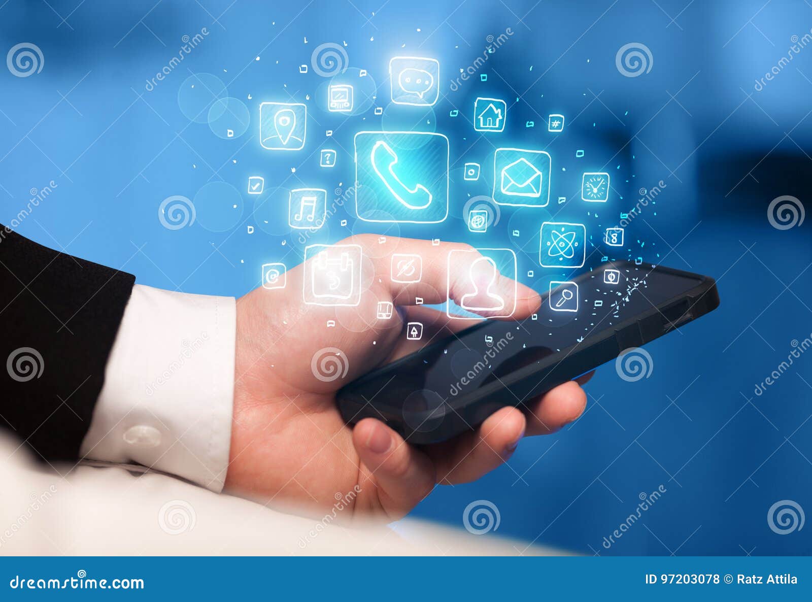 Hand Holding Smartphone with Mobile App Icons Stock Photo - Image of ...