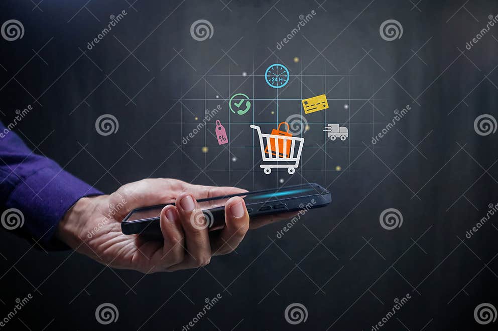 Hand Holding a Smartphone with Online Shopping Symbol on Virtual Screen ...