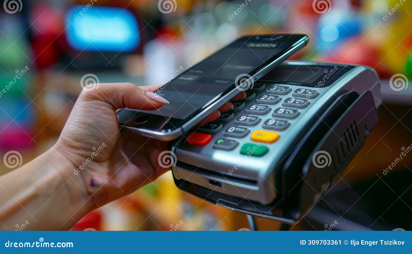 Hand Holding Smartphone by Payment Terminal, Contactless Transaction in ...
