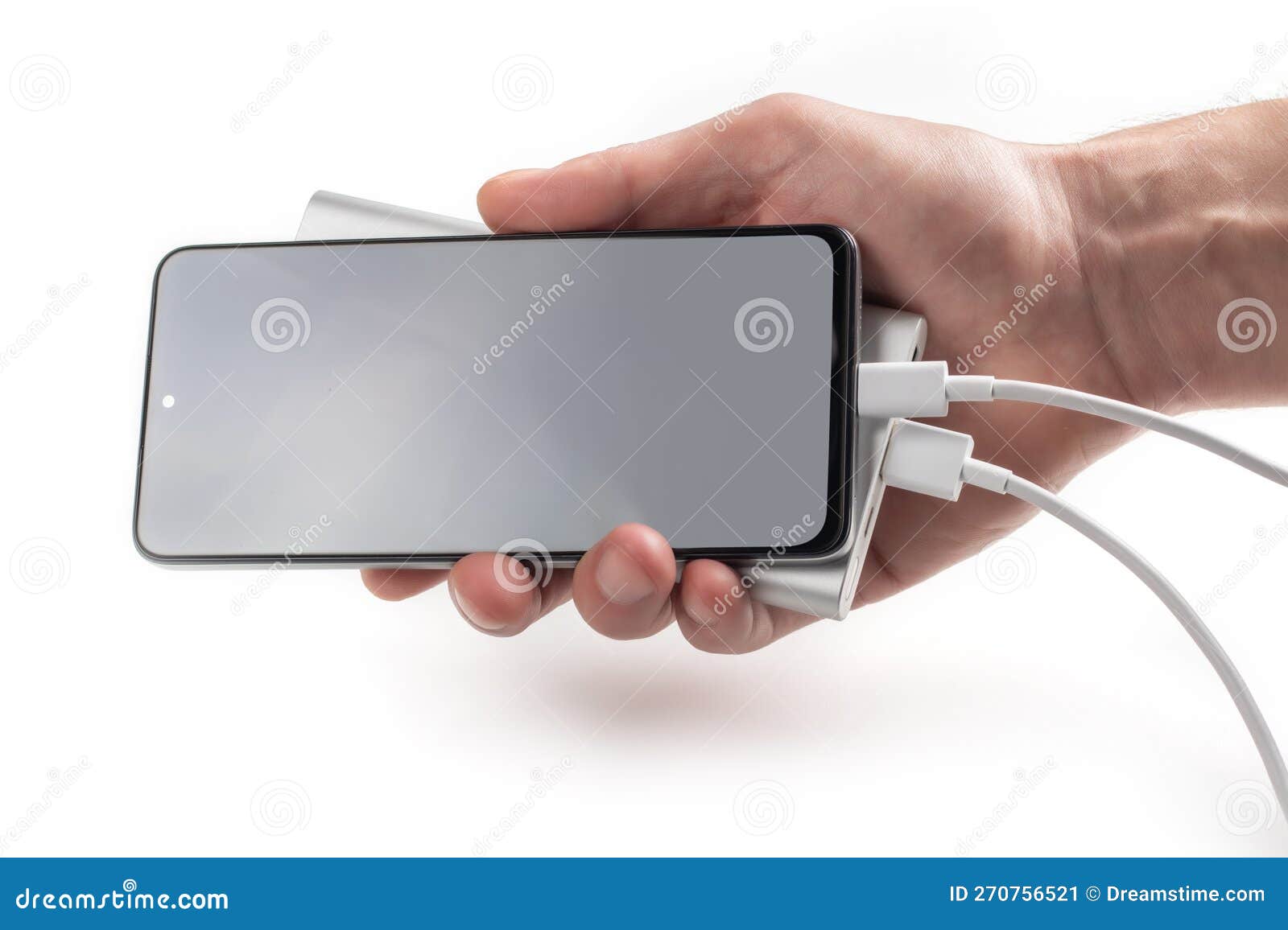 Hand Holding Smartphone with Powerbank. Isolated on White Stock Image ...