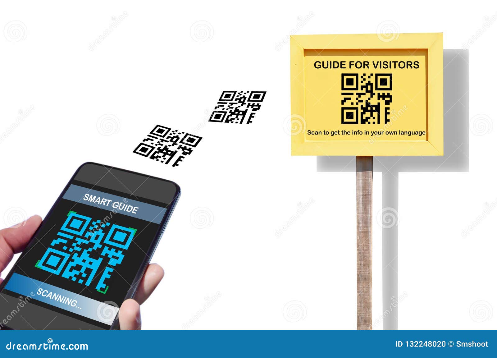 Hand Holding Smartphone with Scanning QR Code Smart Guide Screen with ...