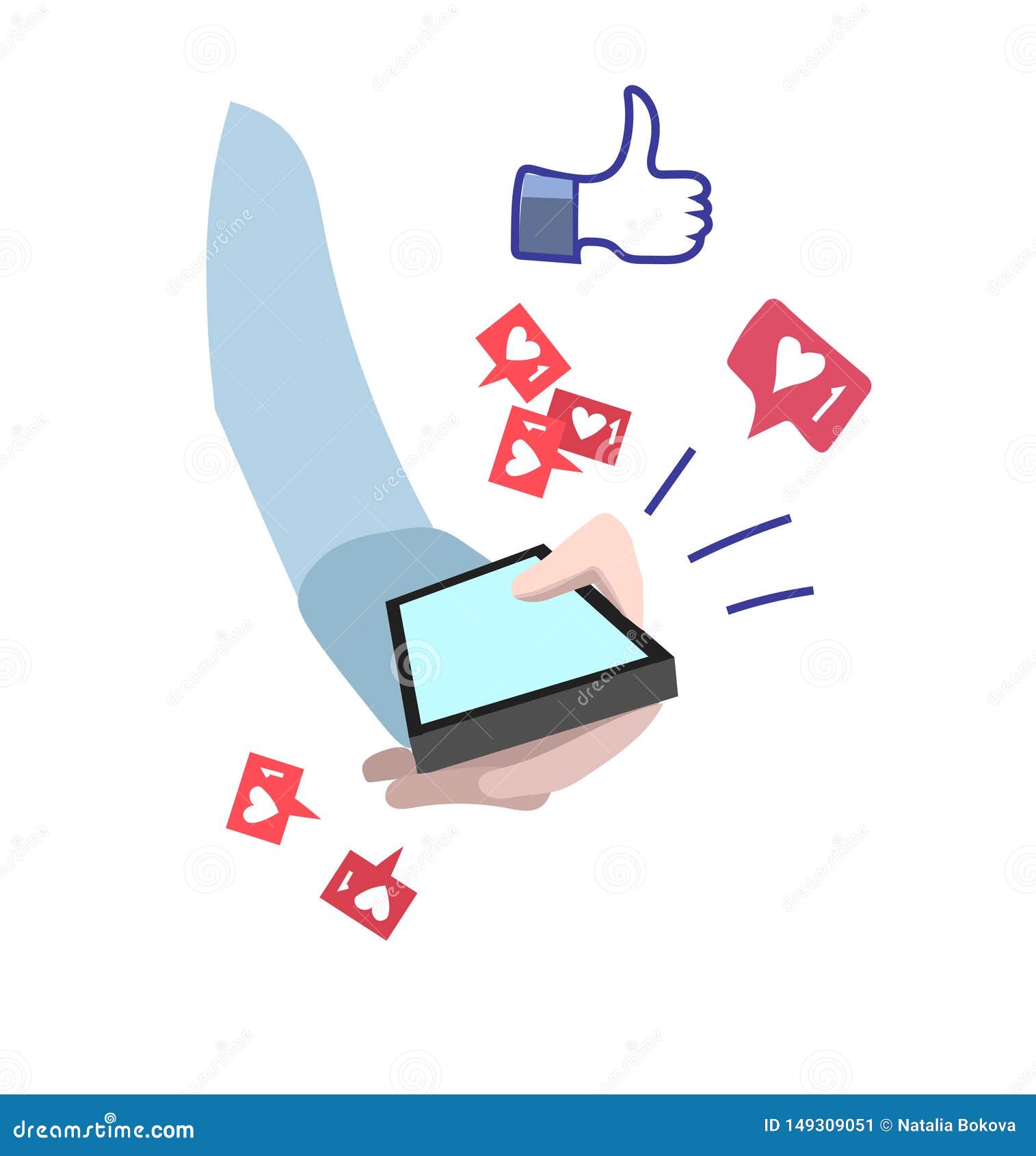 Hand Holding Smartphone, Sending and Receiving Likes Stock Vector ...