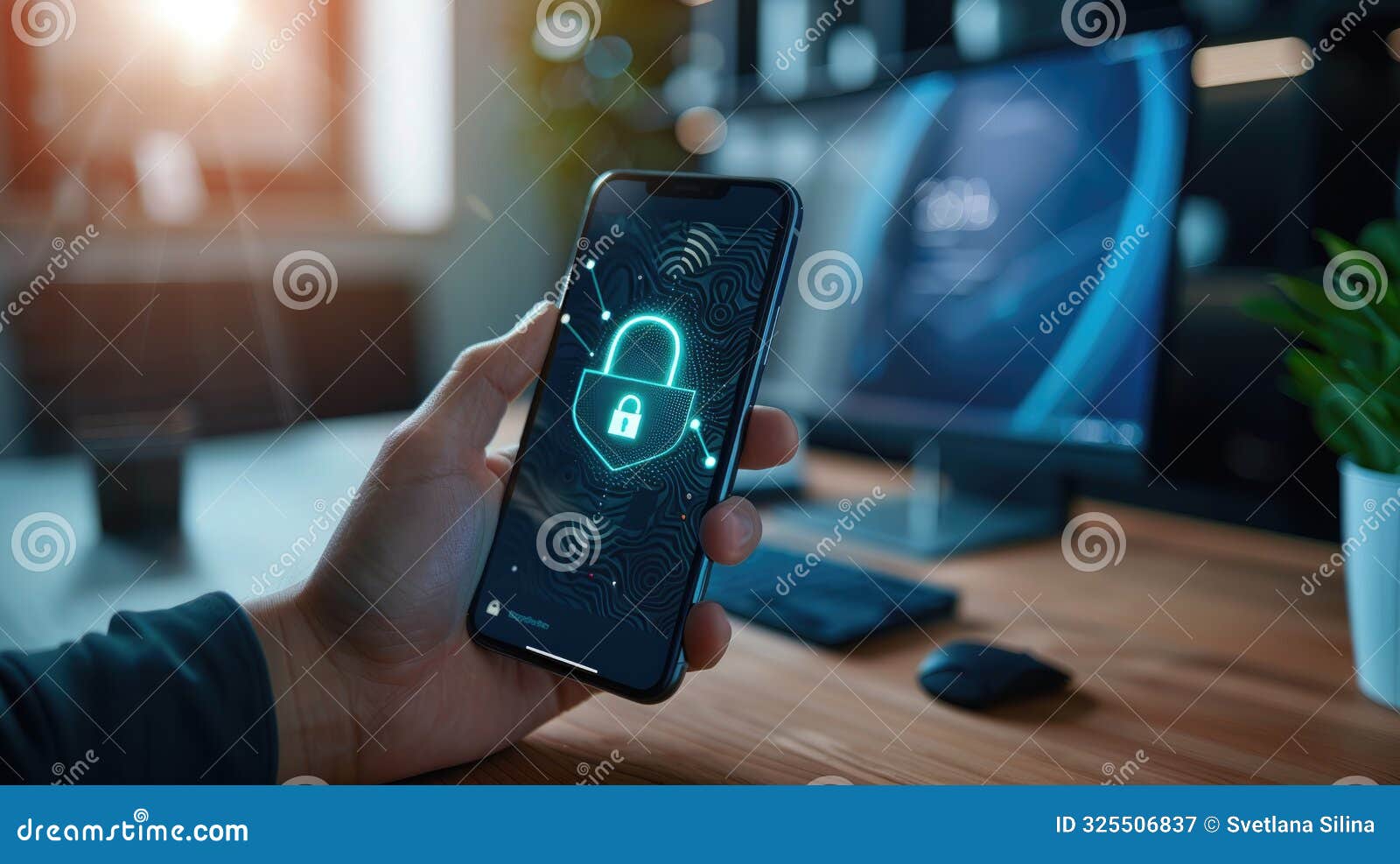 Hand Holding a Smartphone Showing a Cybersecurity Lock Icon, Set ...