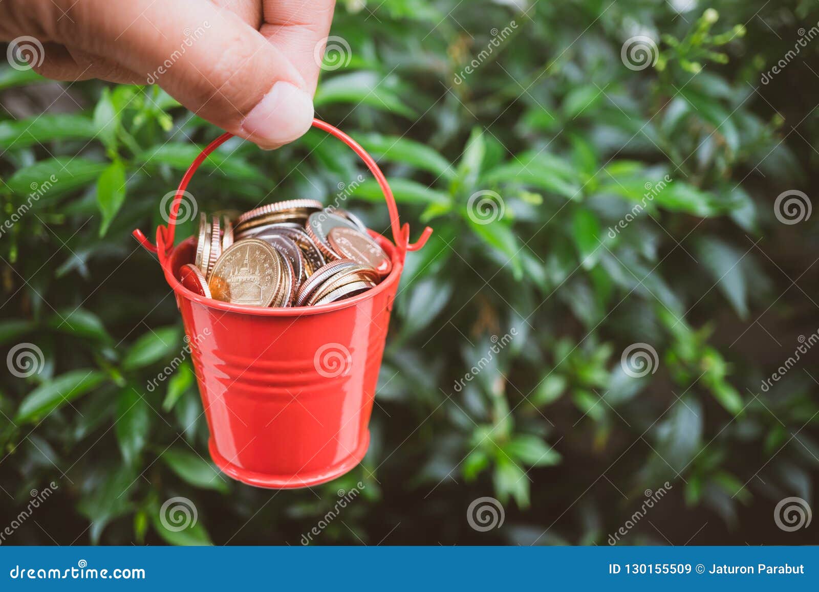 Hand Holding Stack Coins in Red Bucket Using As Business and Fin Stock ...