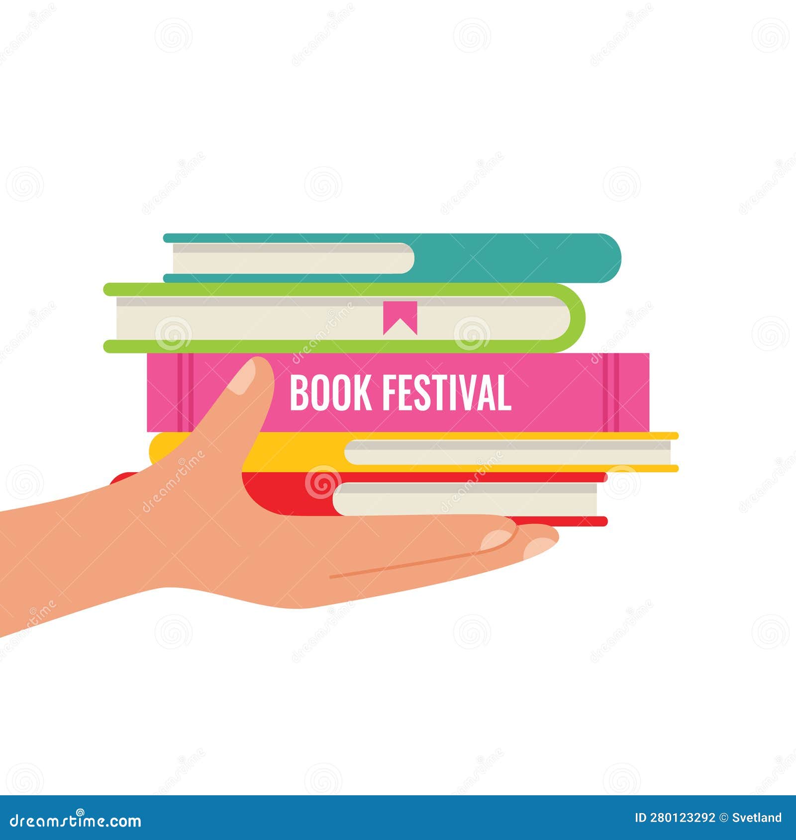 Child S Hand Holding a Stack of Colorful Books. Vector. Stock Vector ...