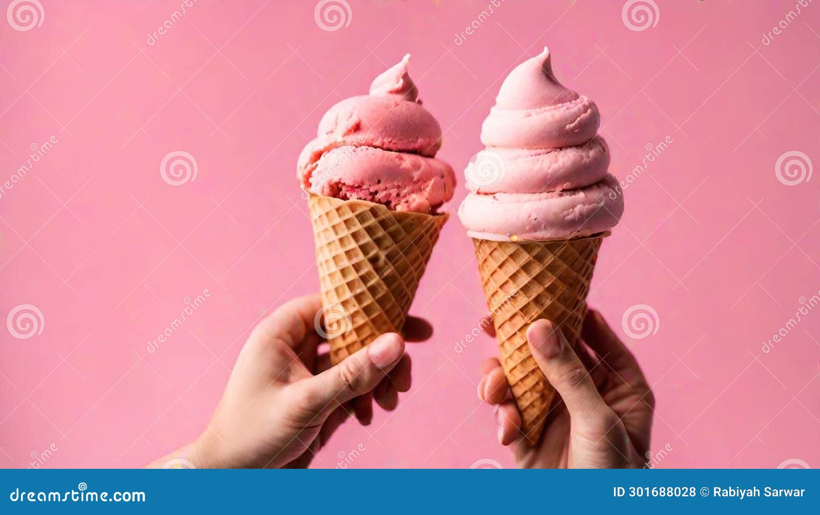 Hand Holding Strawberry Ice Cream Cone On Pink Faded Pastel Color
