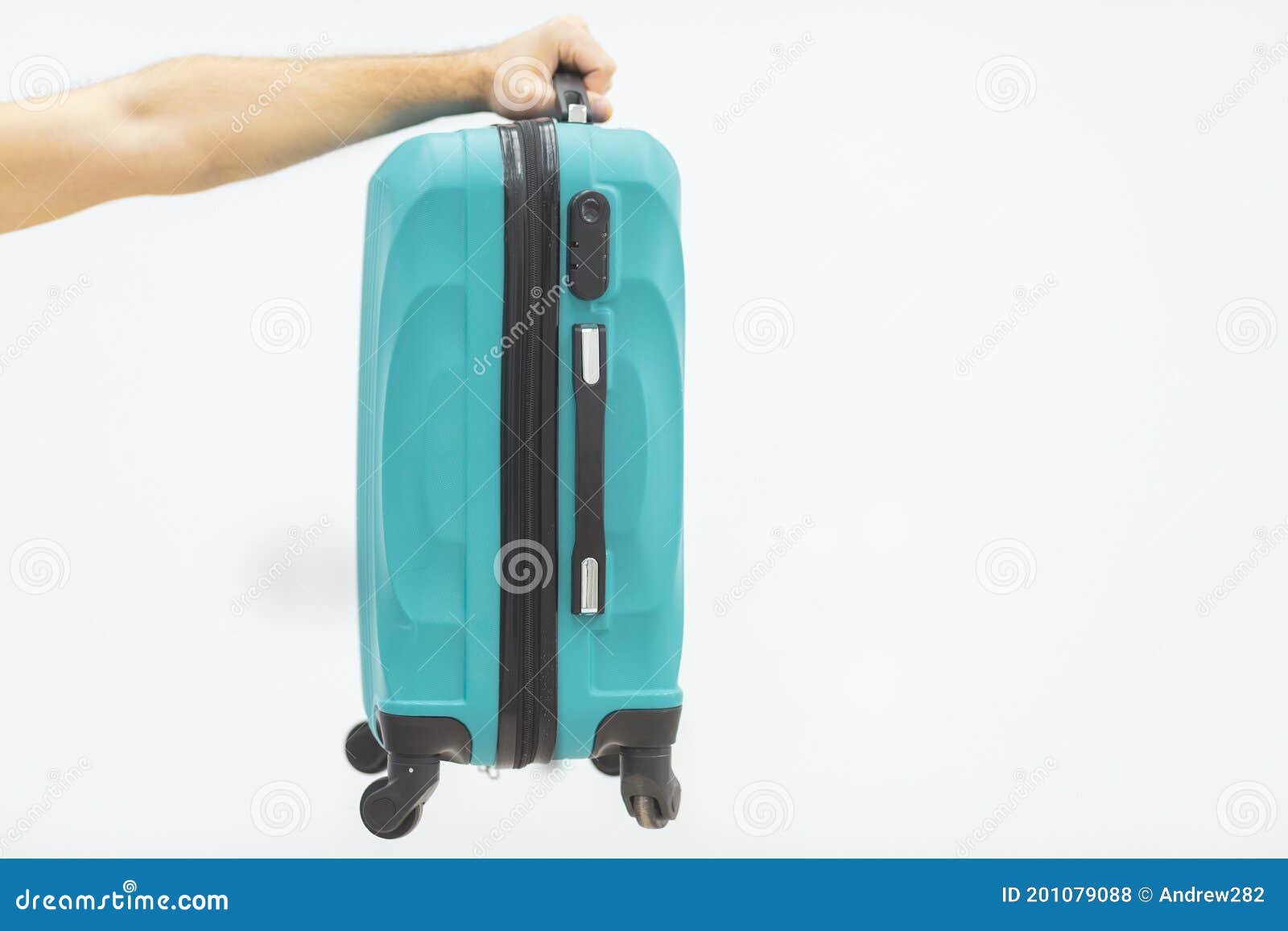 A Hand Holding Suitcases Isolated on White. Stock Photo - Image of ...