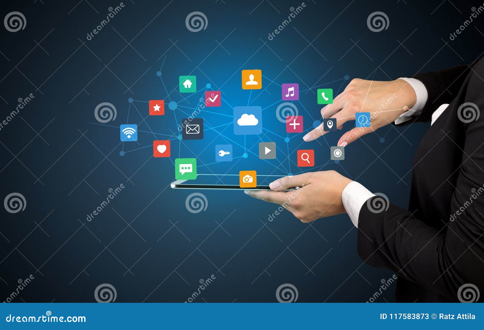 Hand Holding Tablet and Application Icons Above Stock Image - Image of ...