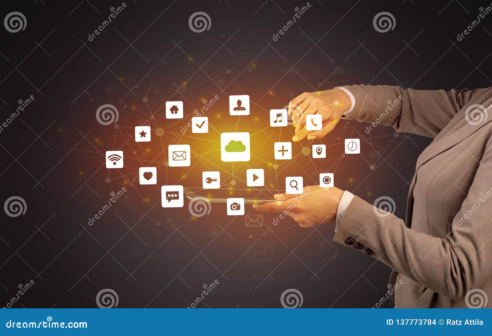 Hand Holding Tablet and Application Icons Above Stock Illustration ...