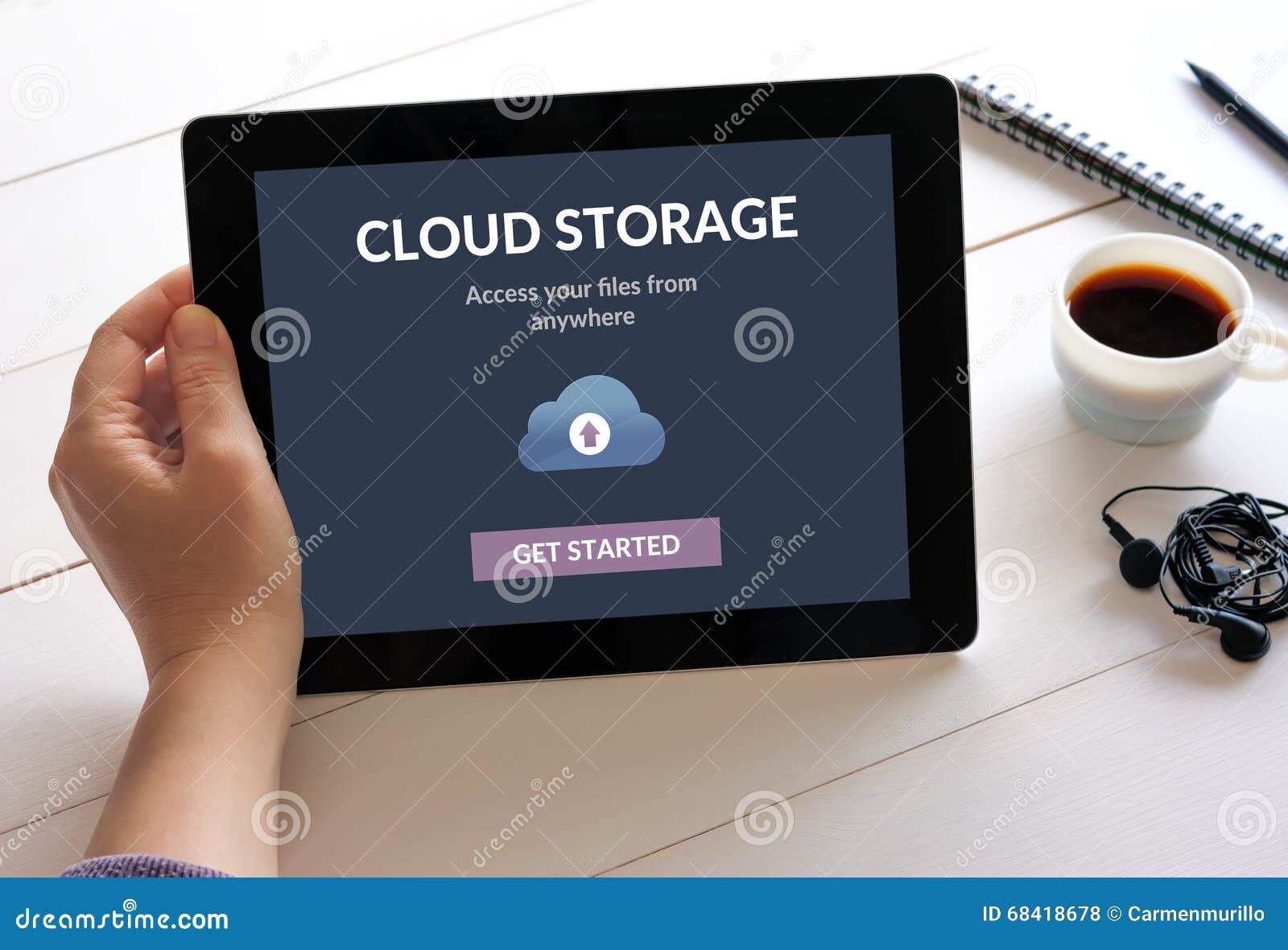 Hand Holding Tablet with Cloud Storage App Concept on Screen Stock ...