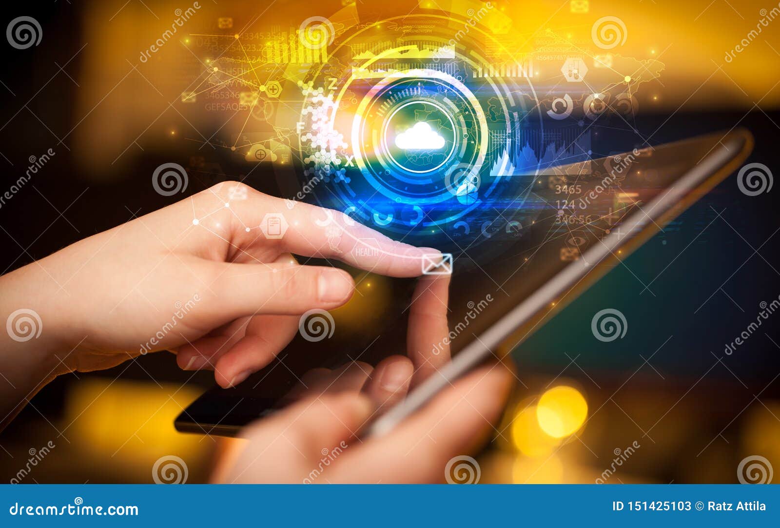 Hand Holding Tablet with Cloud System Concept Stock Image - Image of ...