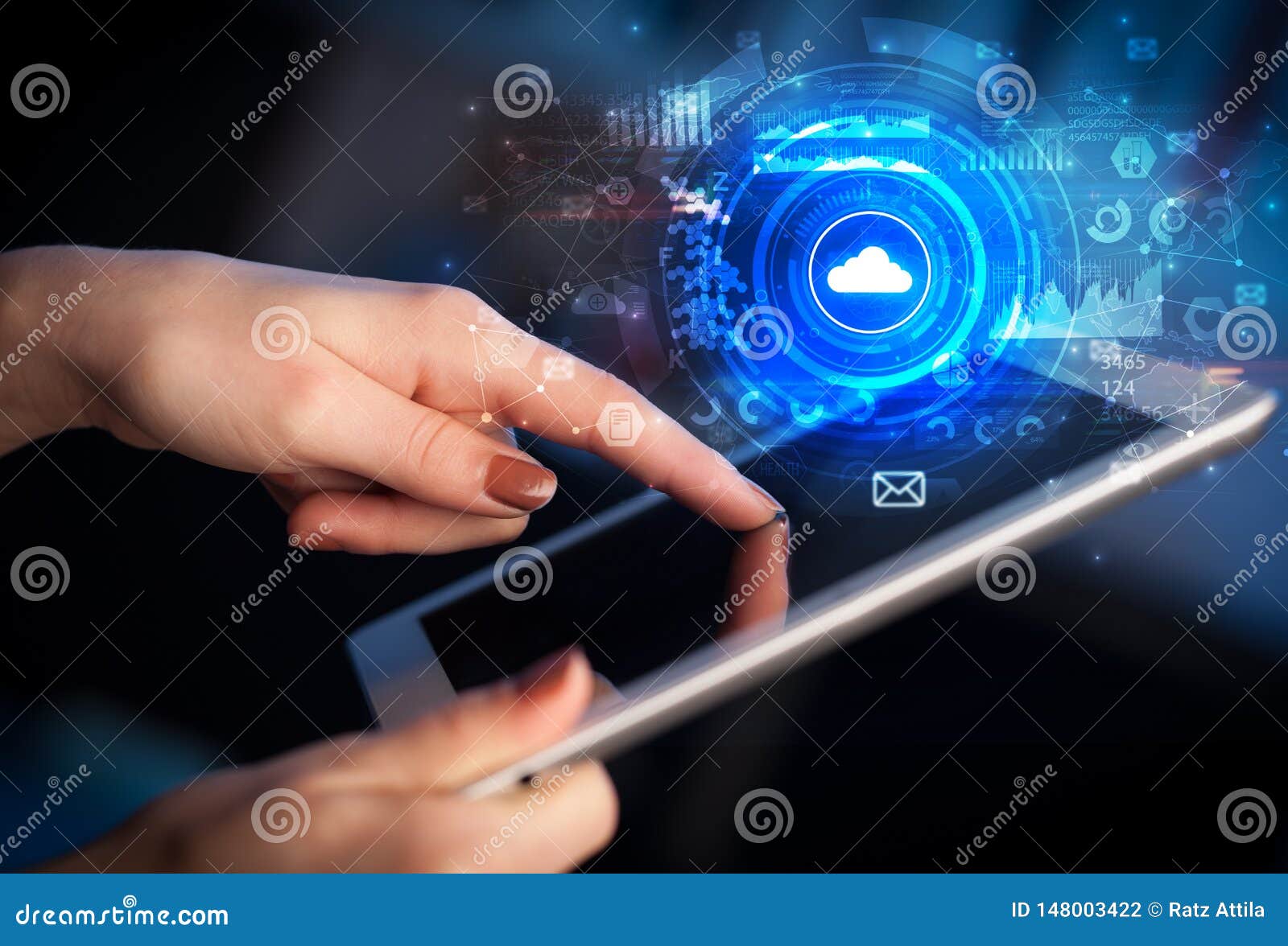 Hand Holding Tablet with Cloud System Concept Stock Photo - Image of ...
