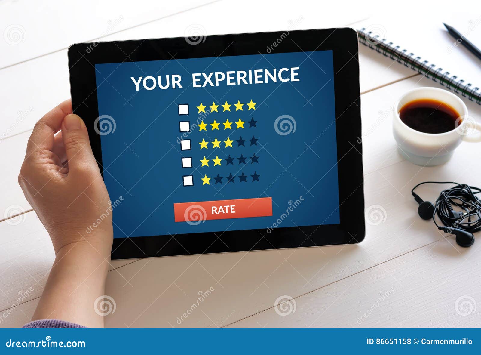 Hand Holding Tablet with Customer Review Concept on Screen Stock Photo ...