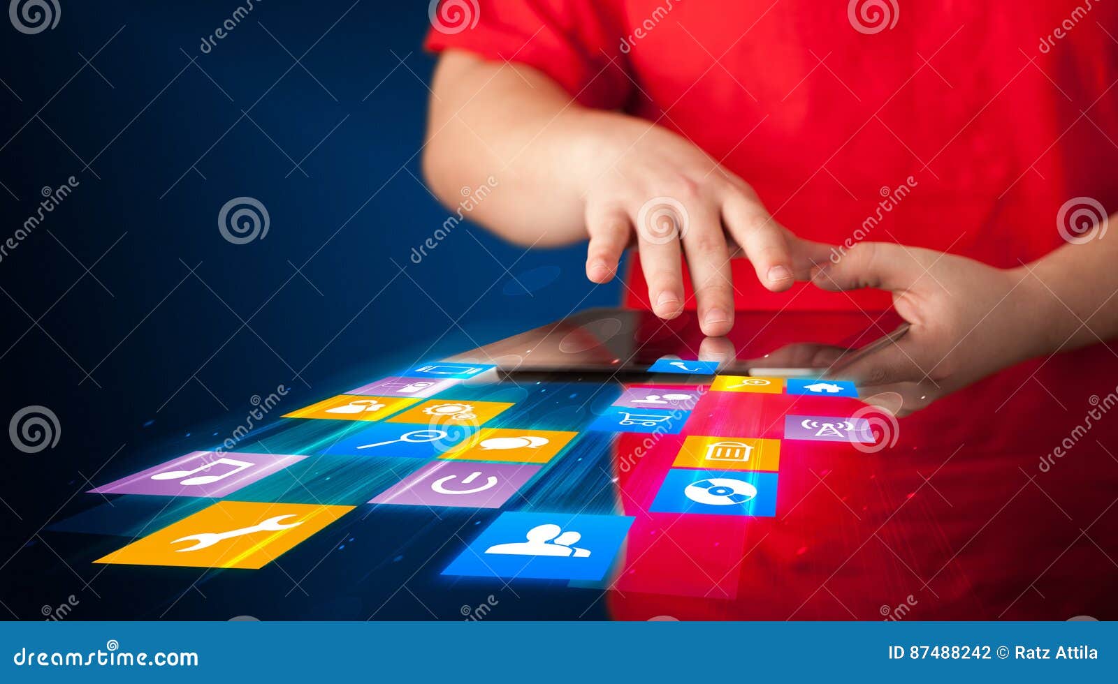 Hand Holding Tablet Device with Media Application Stock Photo - Image ...