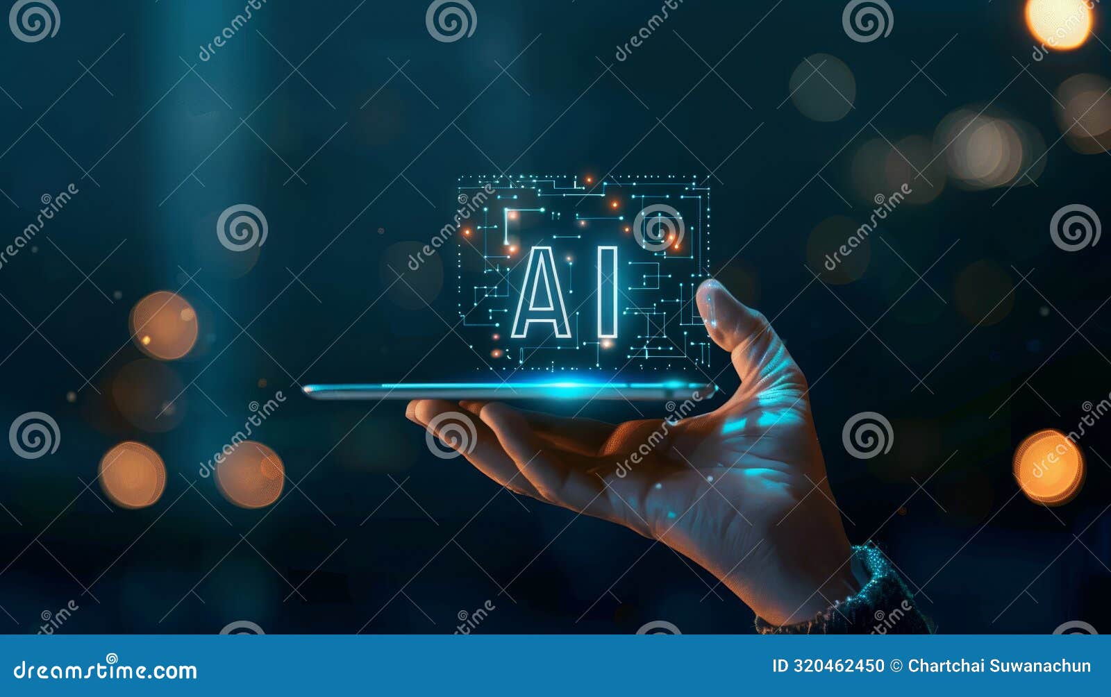 Hand Holding Tablet with Glowing AI Text on Dark Background, Concept of ...