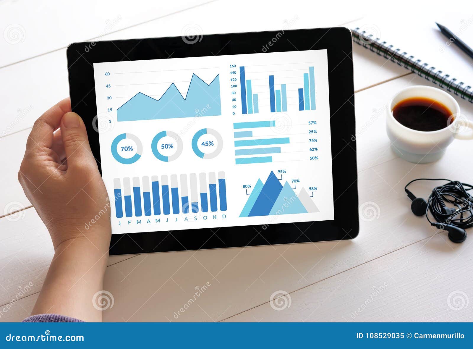Hand Holding Tablet with Graphs and Charts Elements on Screen Stock ...