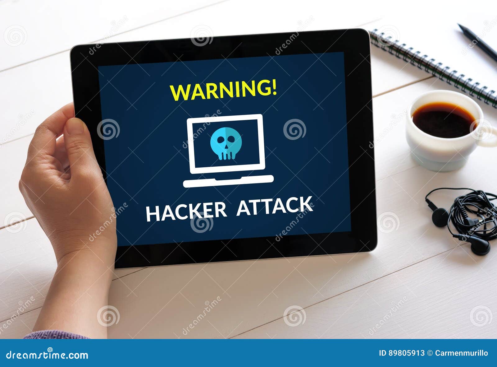 Hand Holding Tablet with Hacker Attack Concept on Screen Stock Image ...