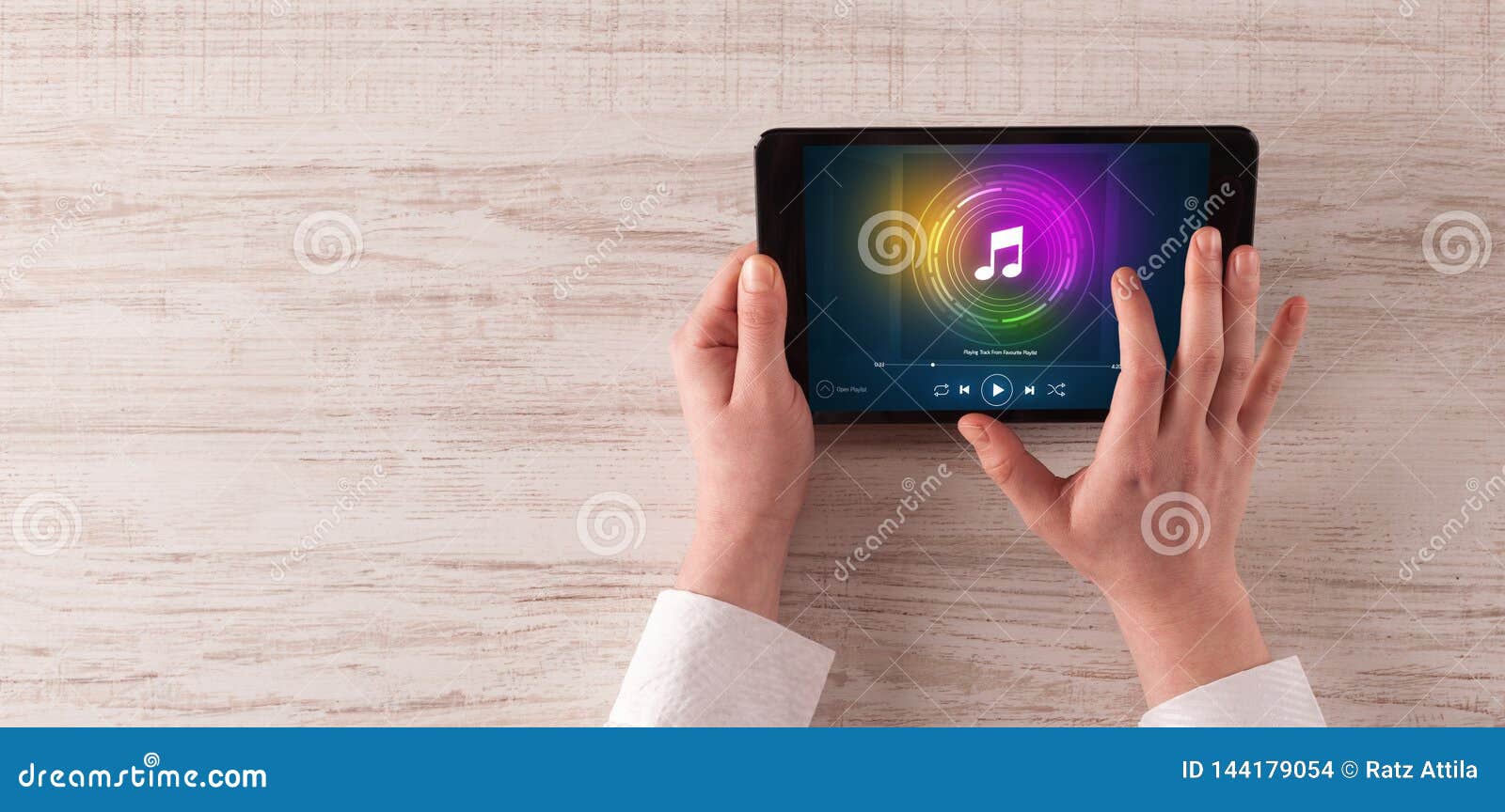 Hand Holding Tablet with Music Play Concept Stock Photo - Image of hold ...