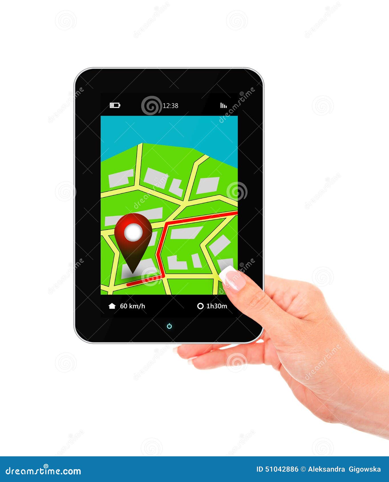 Hand Holding Tablet with Navigation Application Isolated Over White ...