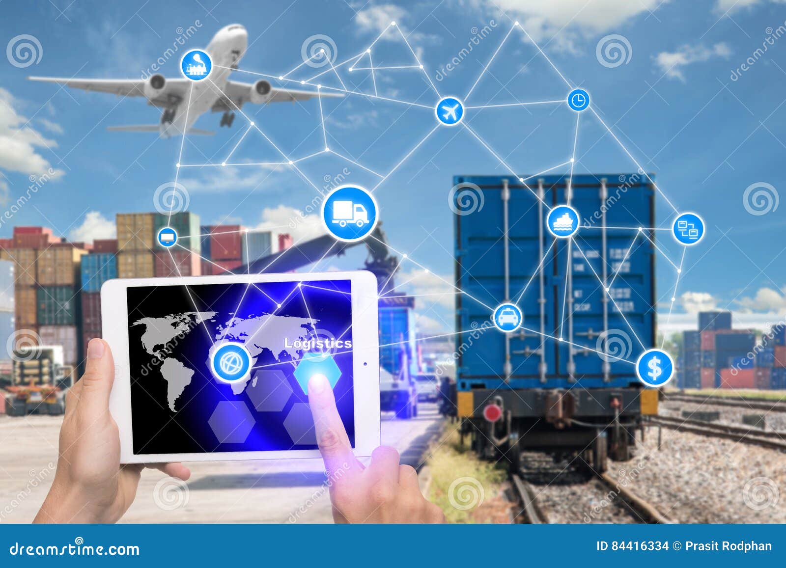 Hand Holding Tablet is Pressing Button Logistics Connection Tech Stock ...