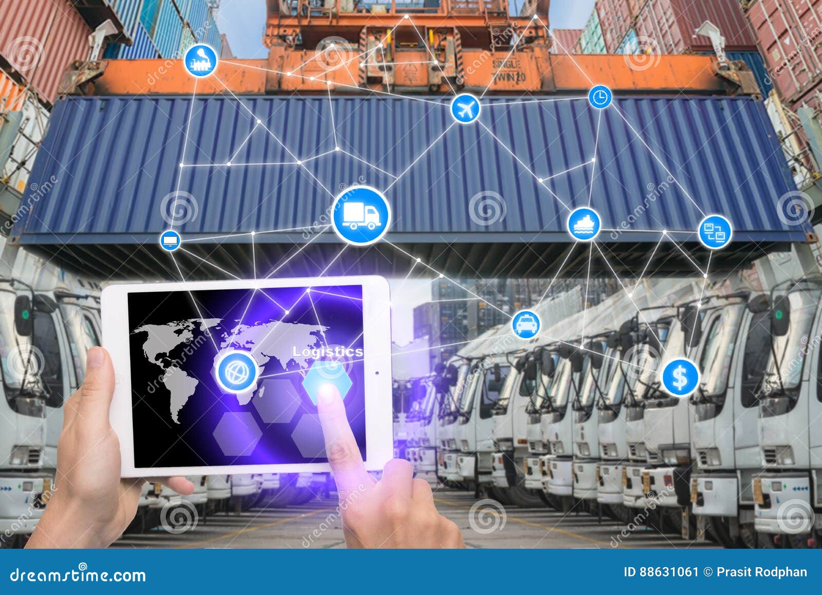 Hand Holding Tablet is Pressing Button Logistics Connection Tech Stock ...