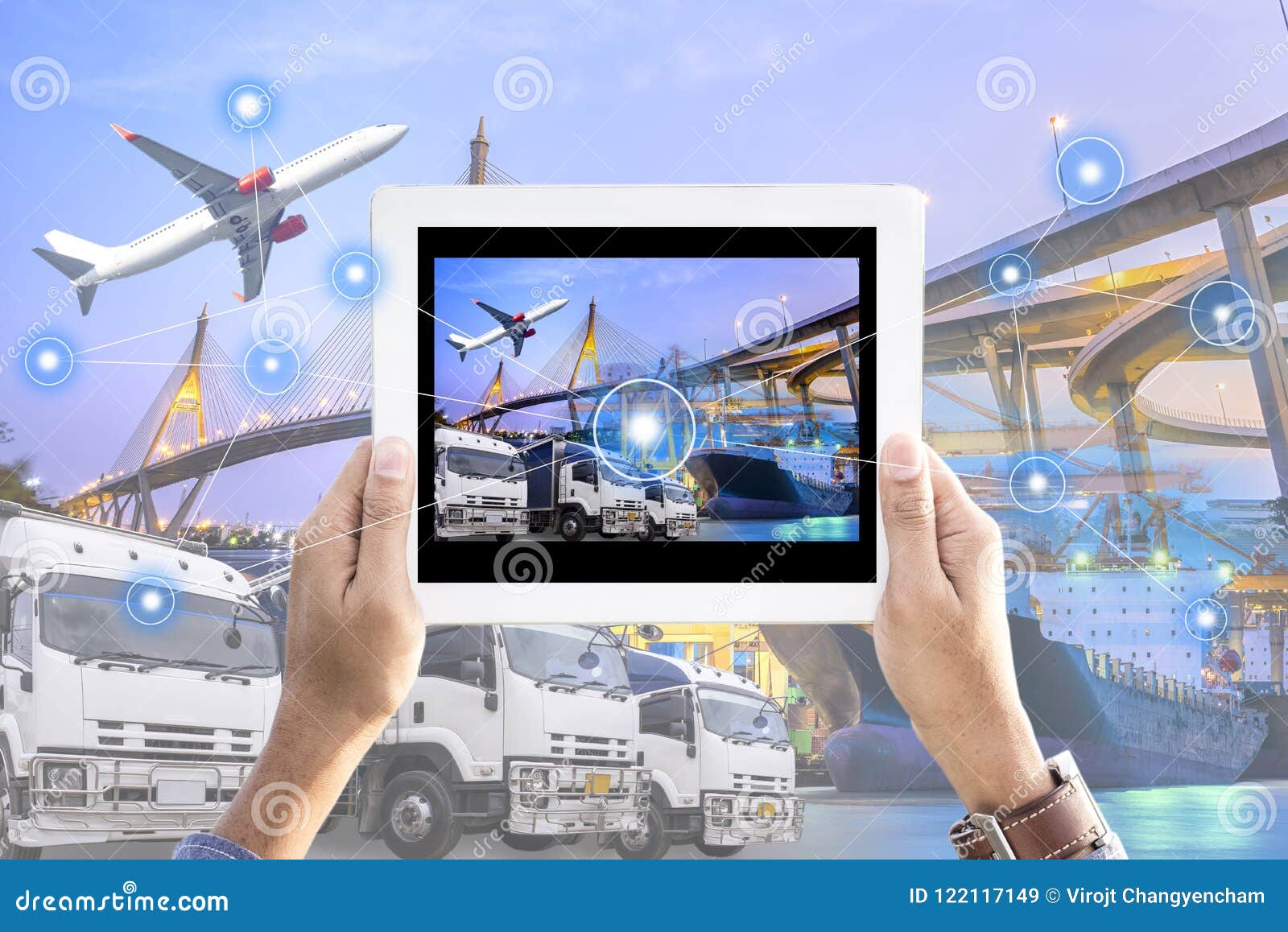 Hand Holding Tablet with Screen Interface in Front Logistics Industrial ...