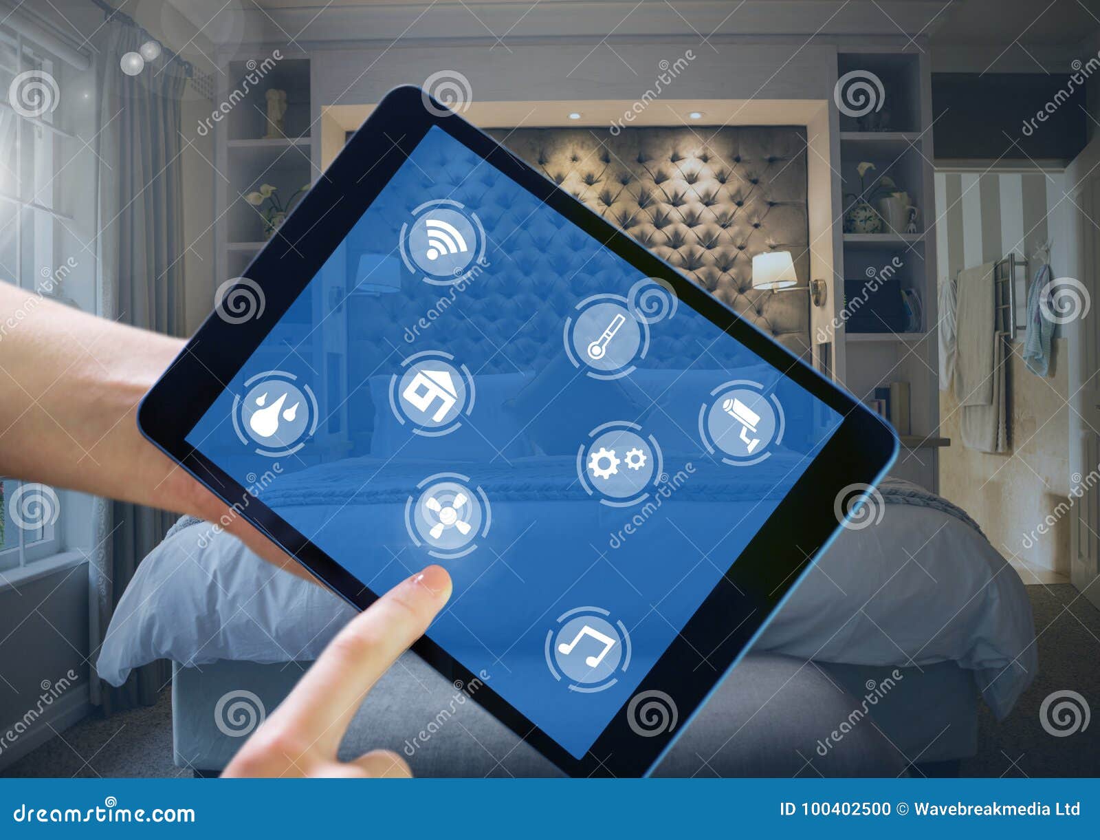 Hand Holding Tablet with Smart Home Interface at Home Stock Photo ...