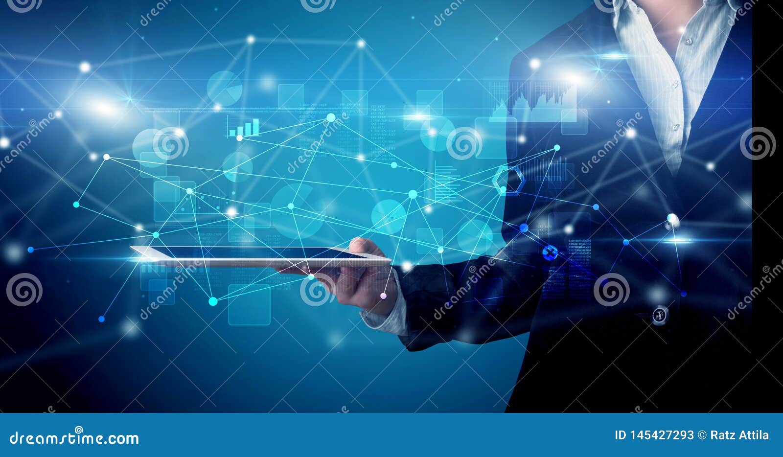 Hand Holding Tablet with Virtual Database Concept Stock Image - Image ...