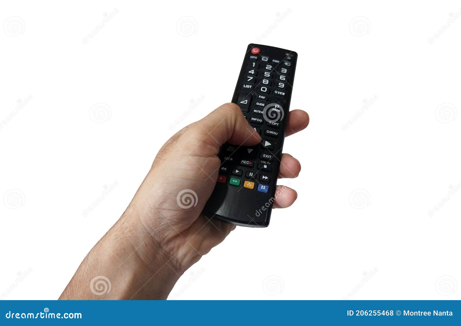 A Hand Holding a Television Remote Control on a White Background. Thumb ...