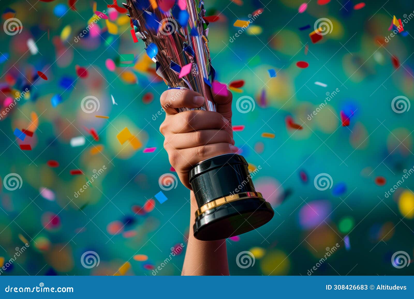 Hand Holding a Trophy with Confetti Falling Around Stock Image - Image ...