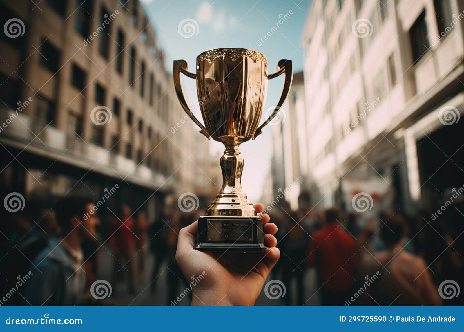 Hand Holding a Trophy in Front of a Building Stock Illustration ...