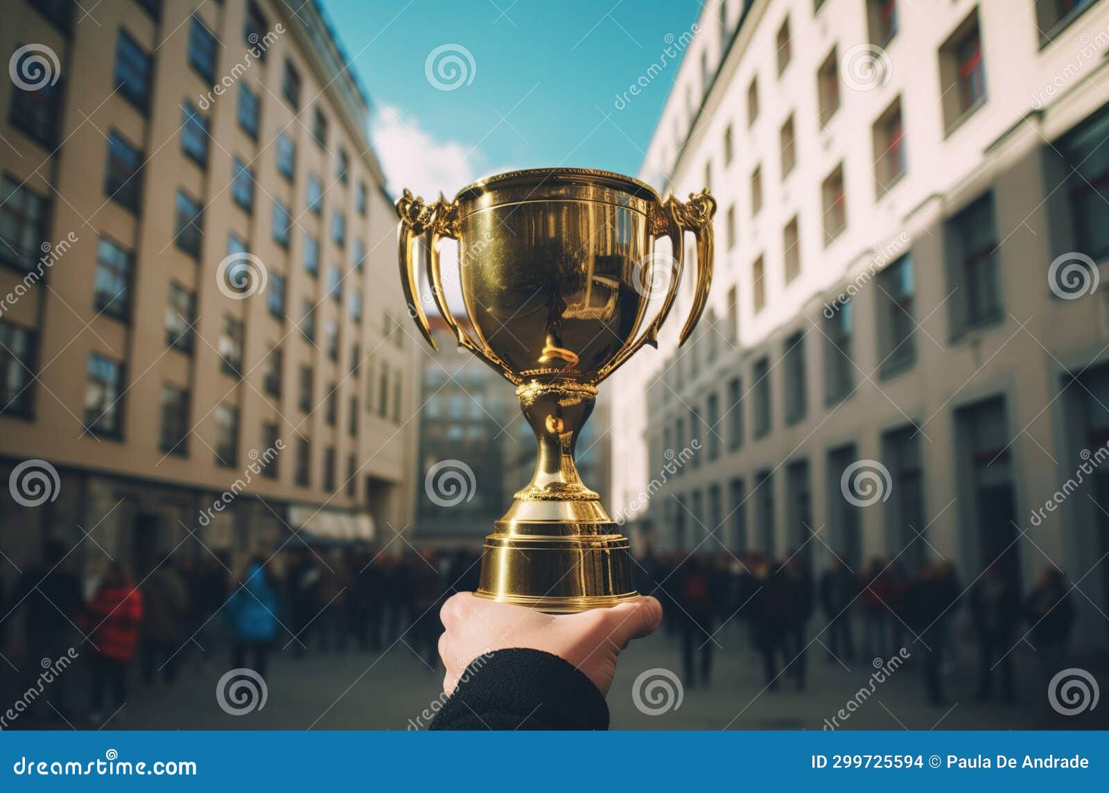 Hand Holding a Trophy in Front of a Building Stock Illustration ...