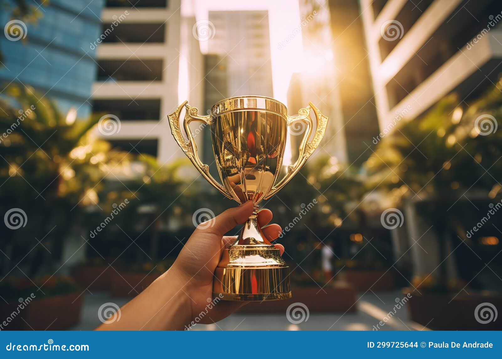 Hand Holding a Trophy in Front of a Building Stock Illustration ...