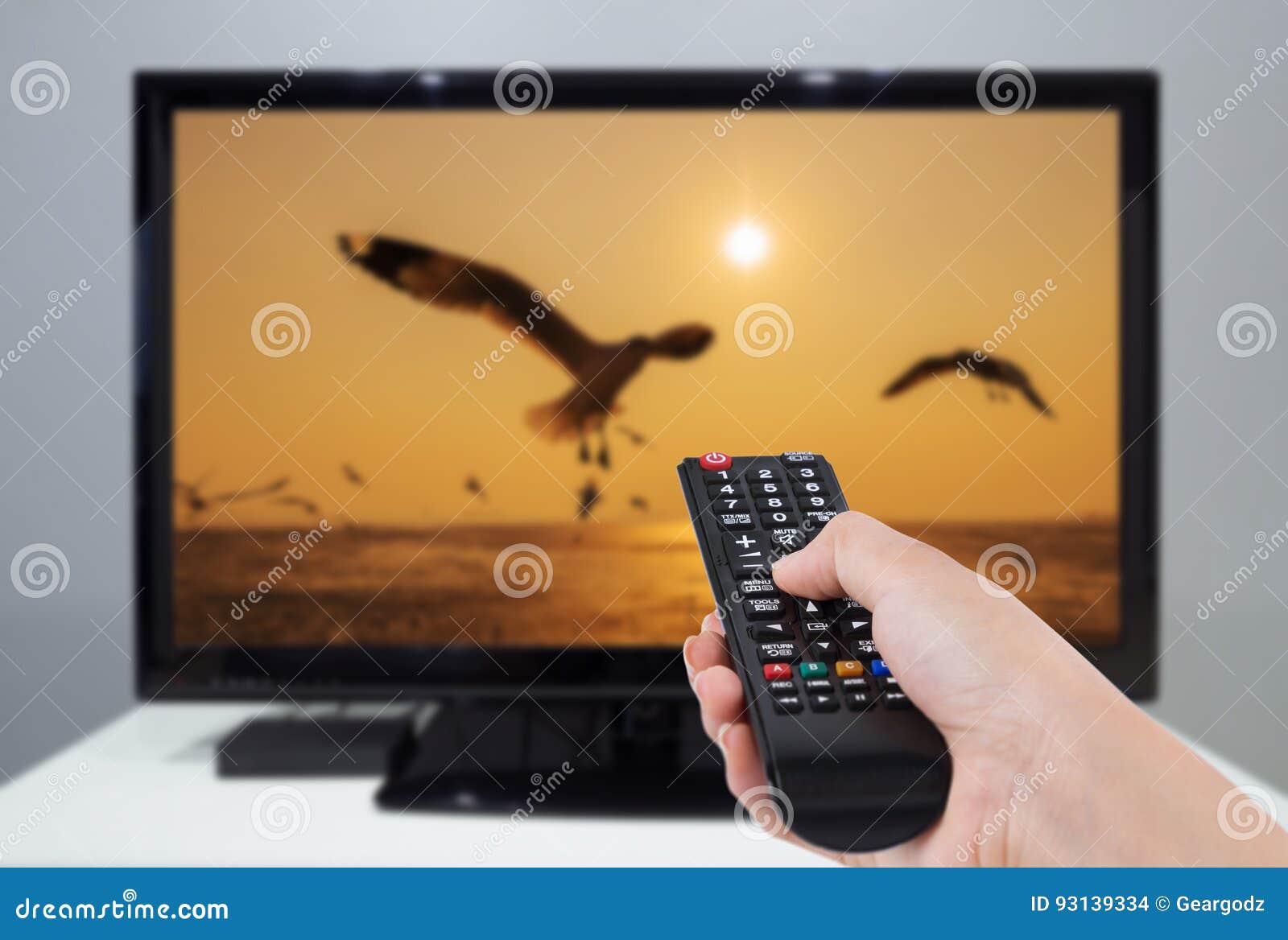 Hand Remote Controller Pointing At Internet Or On Demand Tv Display ...