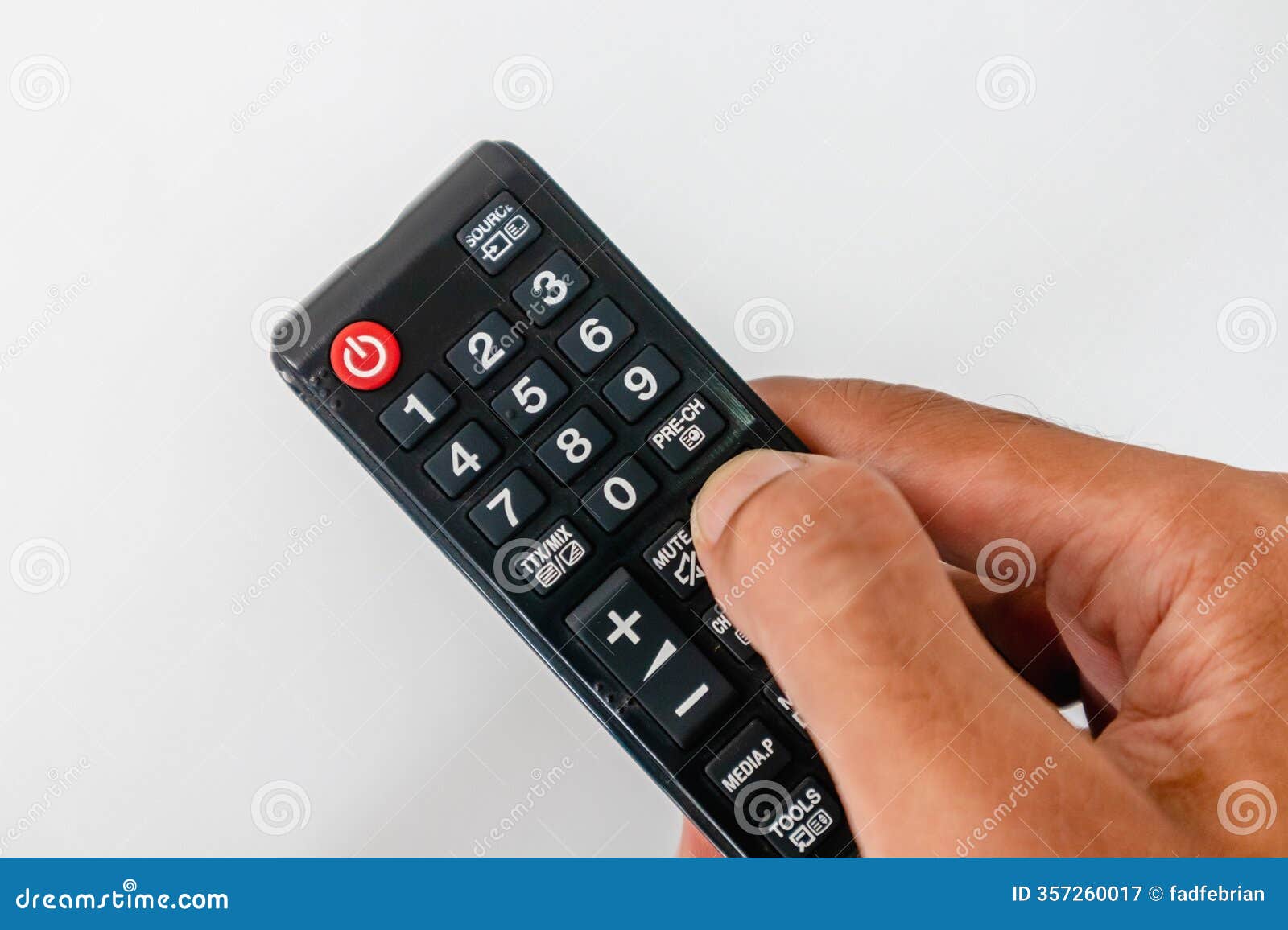 Hand Holding a Tv Remote with Many Buttons on White Background Stock ...
