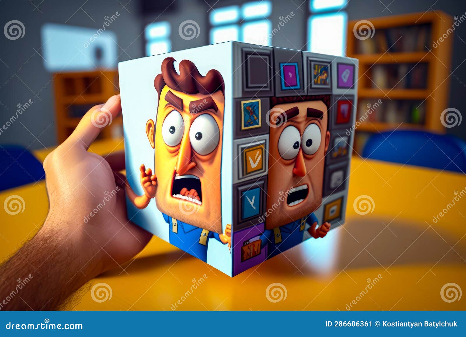 Hand Holding Up Box with Cartoon Character on it S Face Stock ...