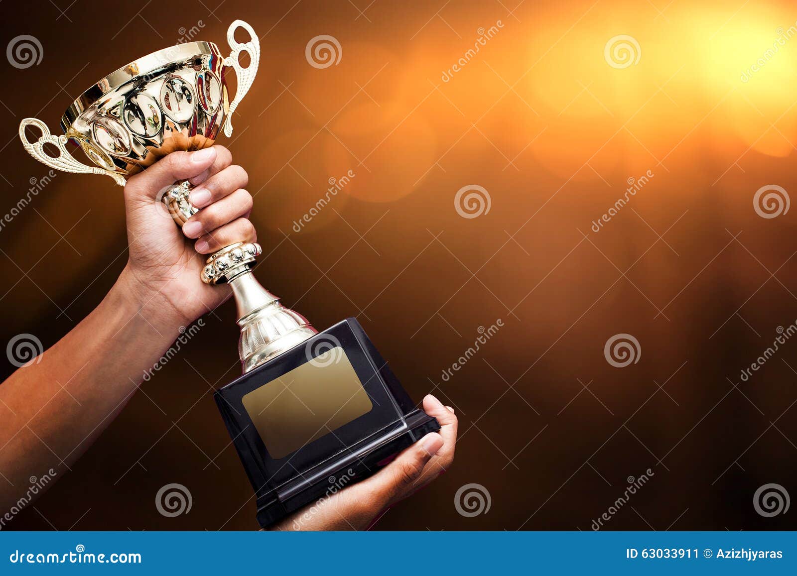 Hand Holding Up a Gold Trophy Stock Image - Image of medal, award: 63033911