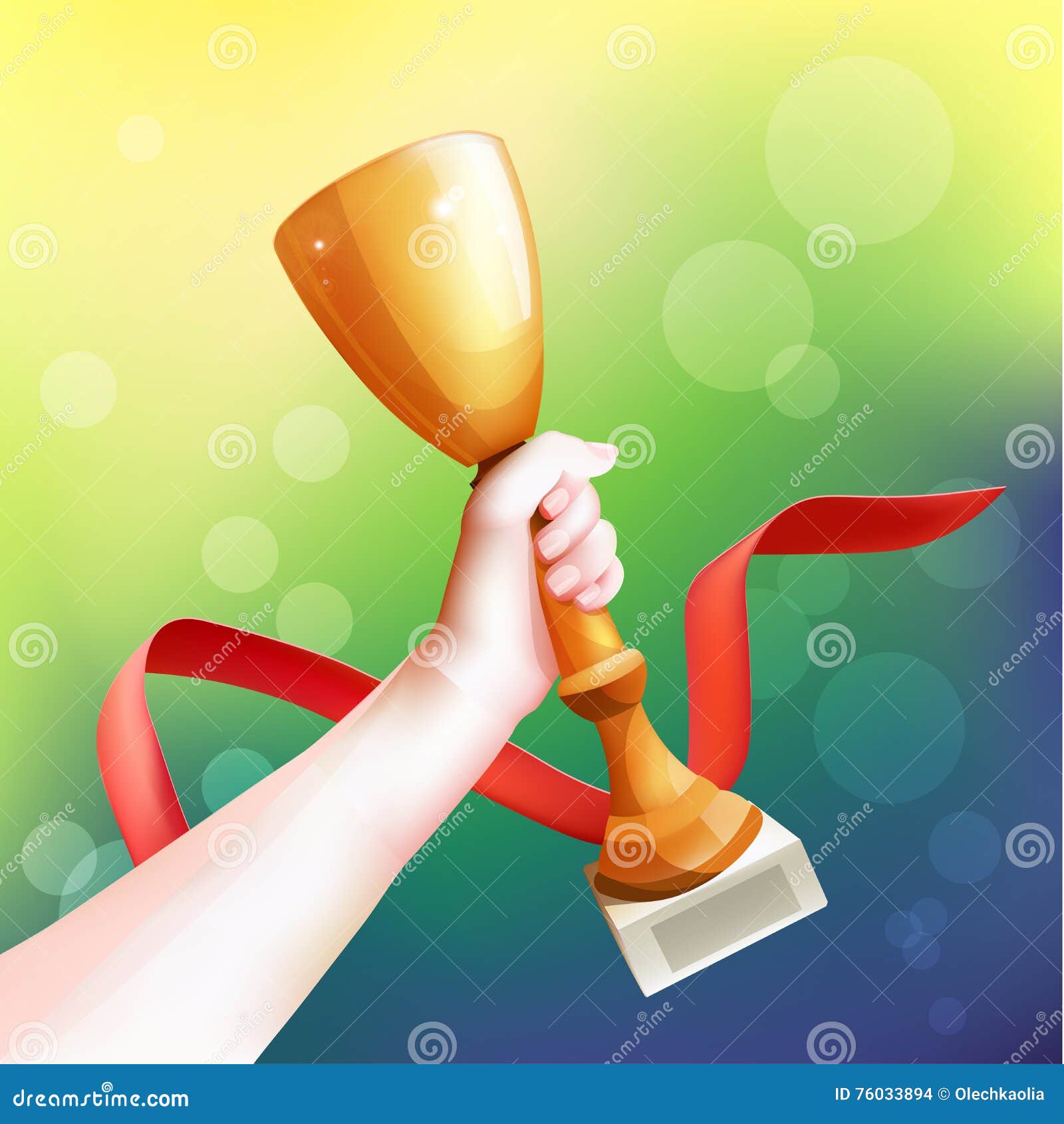 Hand Holding Up Trophy. Vector Winner Cup Illustration. Red Ribbon ...