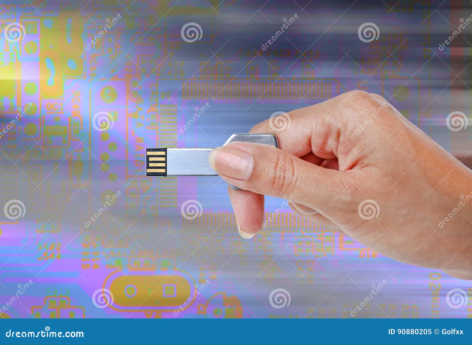Hand Holding USB Data Storage Against Light and Circuit Stock Image ...