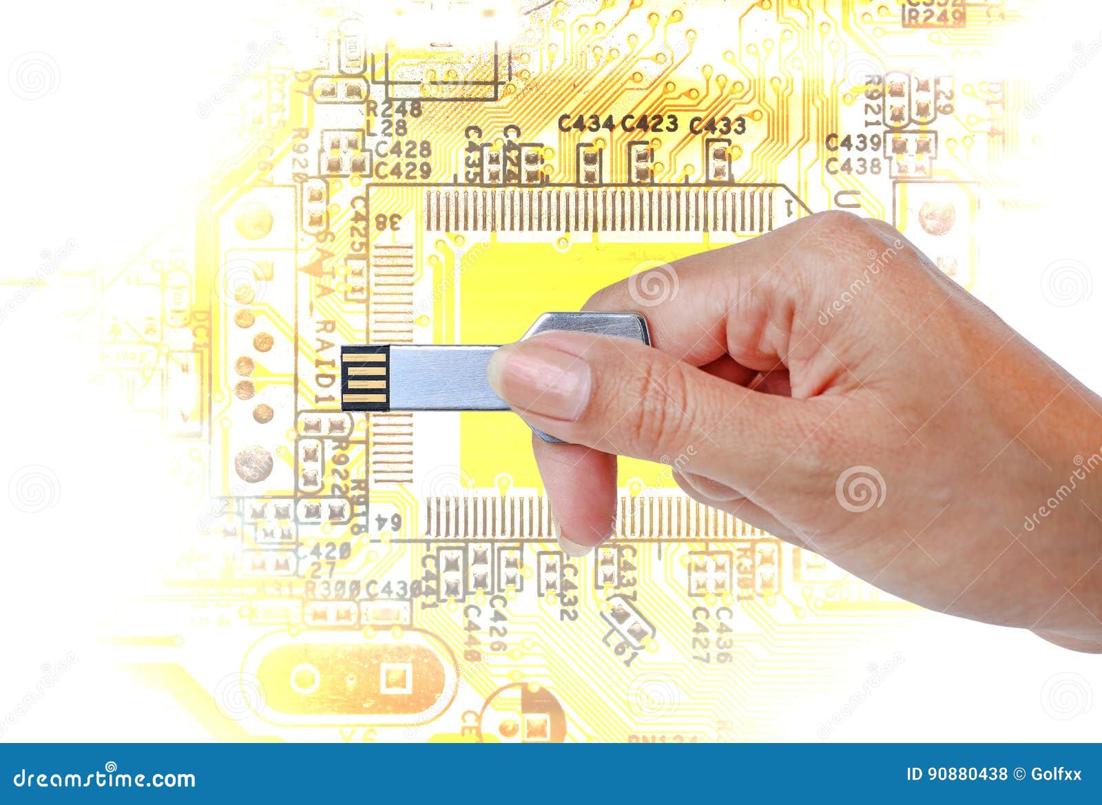 Hand Holding USB Data Storage Against Light and Circuit Stock Photo ...