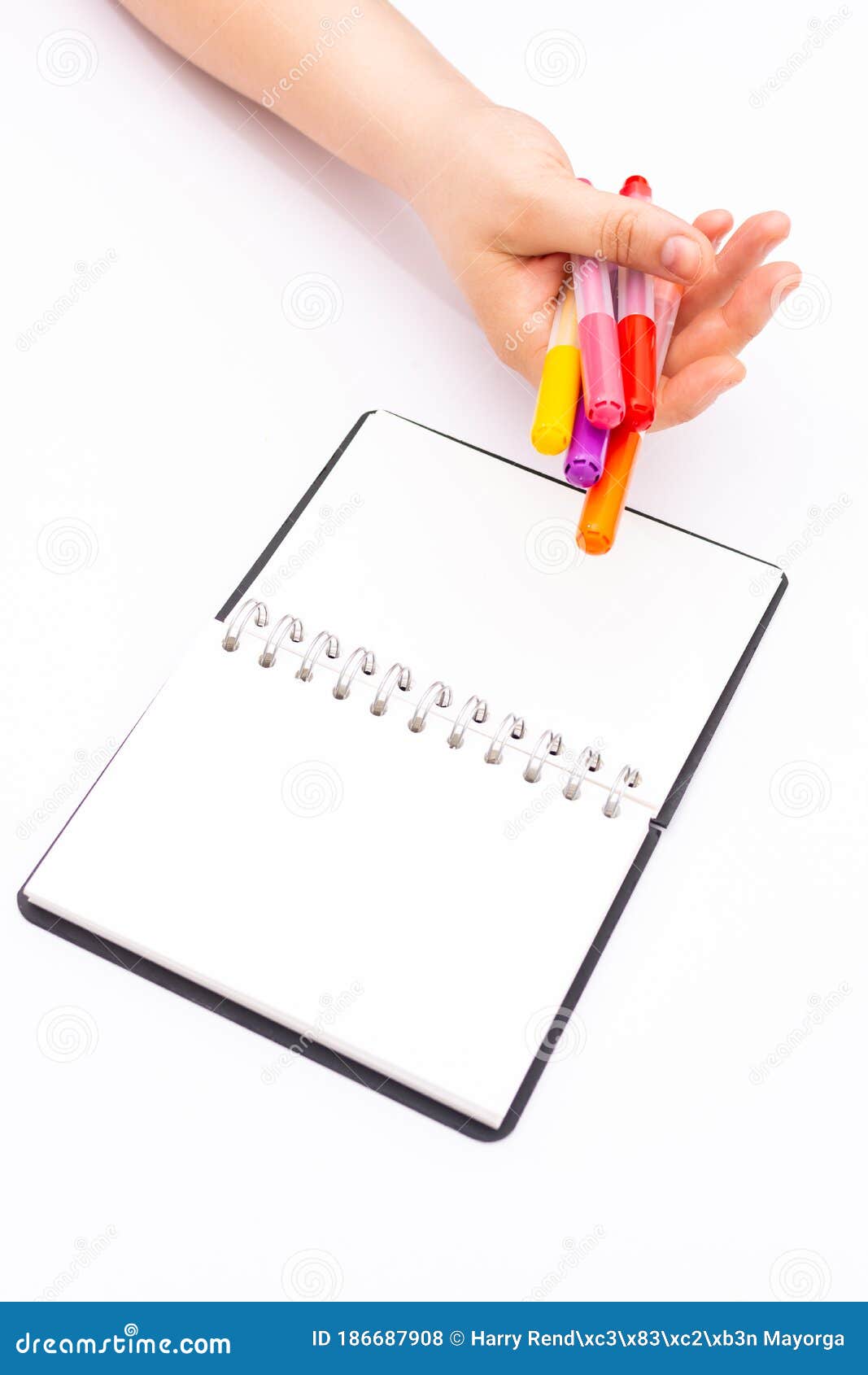 Hand Holding Various Coloured Markers with a Notebook Stock Photo ...