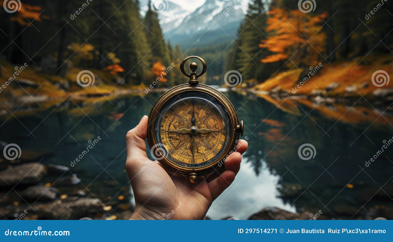 Hand Holding Vintage Compass at Sunset in Mountainous Landscape. Stock ...